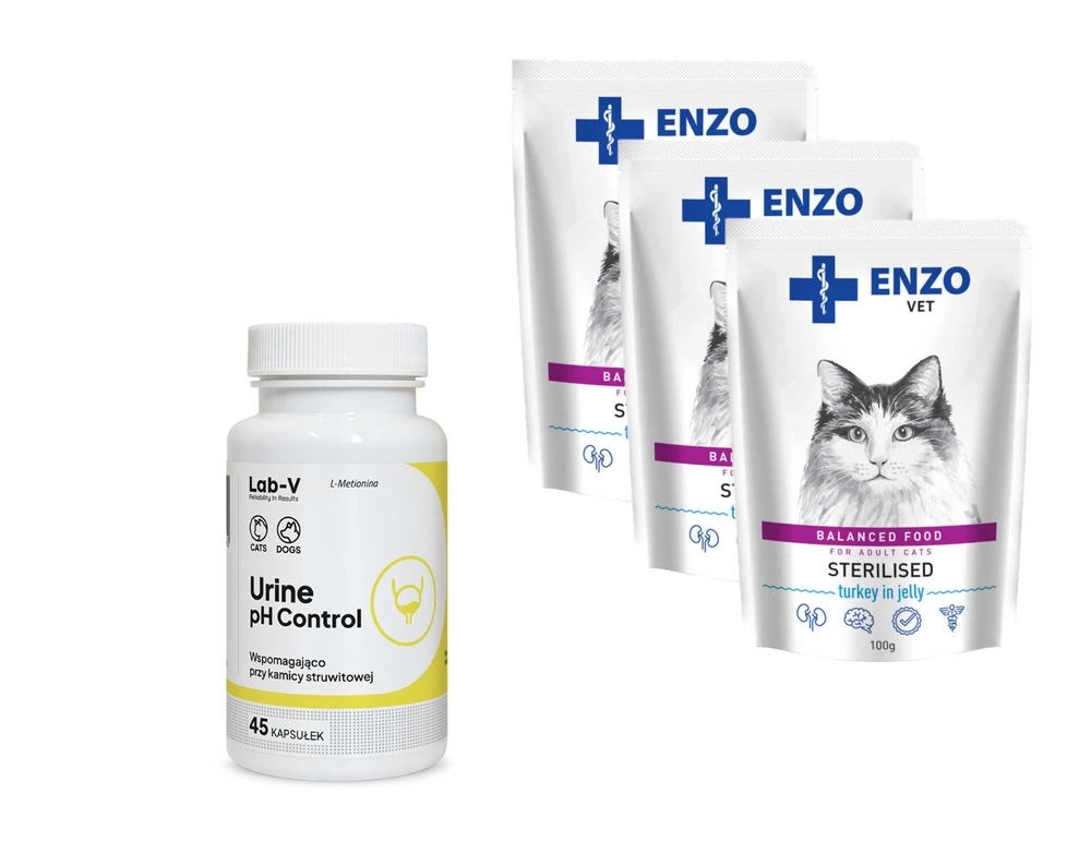 ENZO VET Sterilised dieta pro sterilizované kočky s krůtím masem v želé 3x100g + LAB-V Urine pH ...