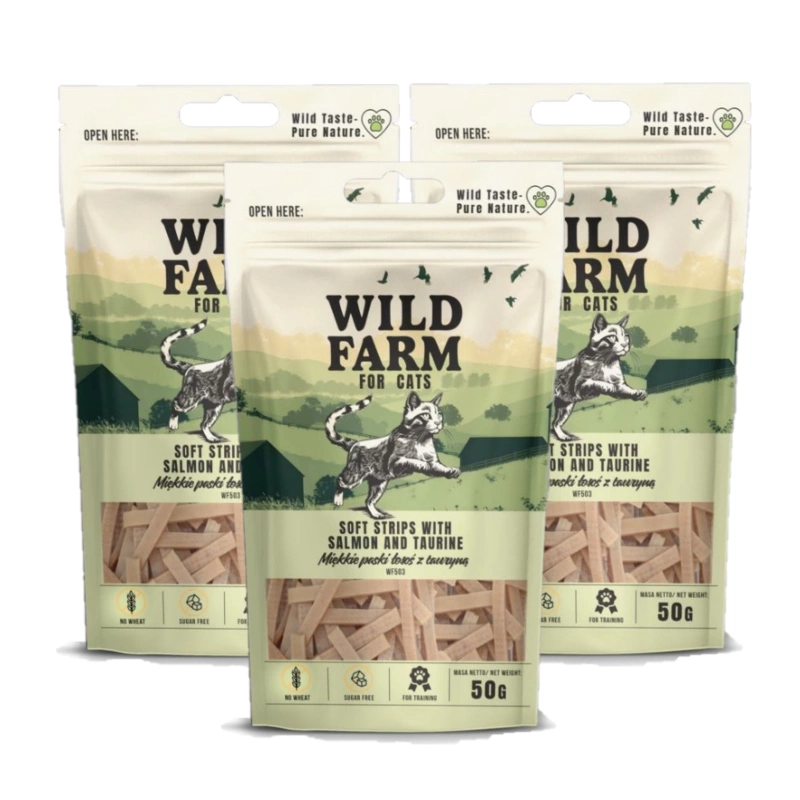 WILD FARM měkké proužky z lososa s taurinem 3x50g pamlsek pro kočky ...